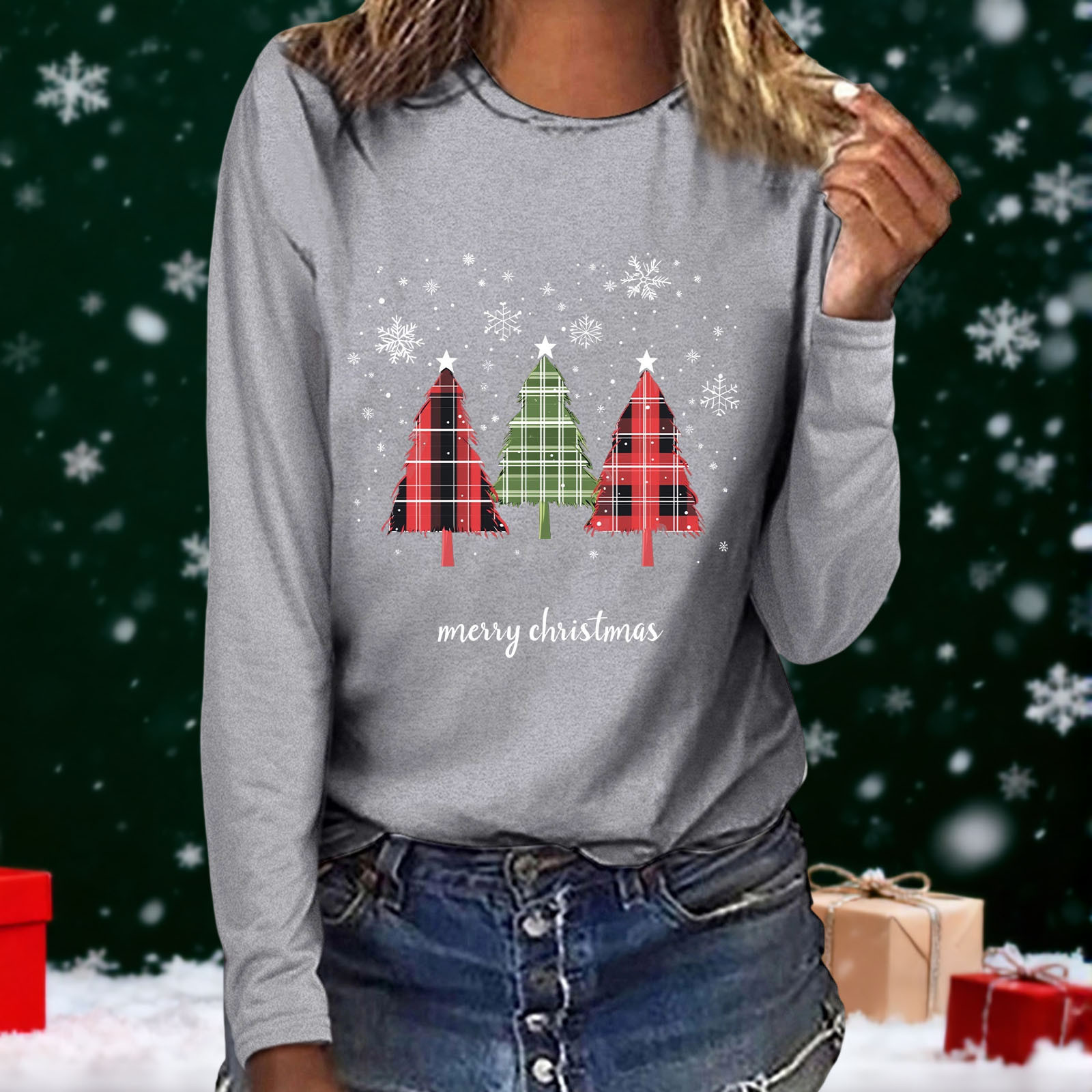 BLTIBY Long Sleeve Christmas Tops for Women Dressy Pullover Round Neck ...