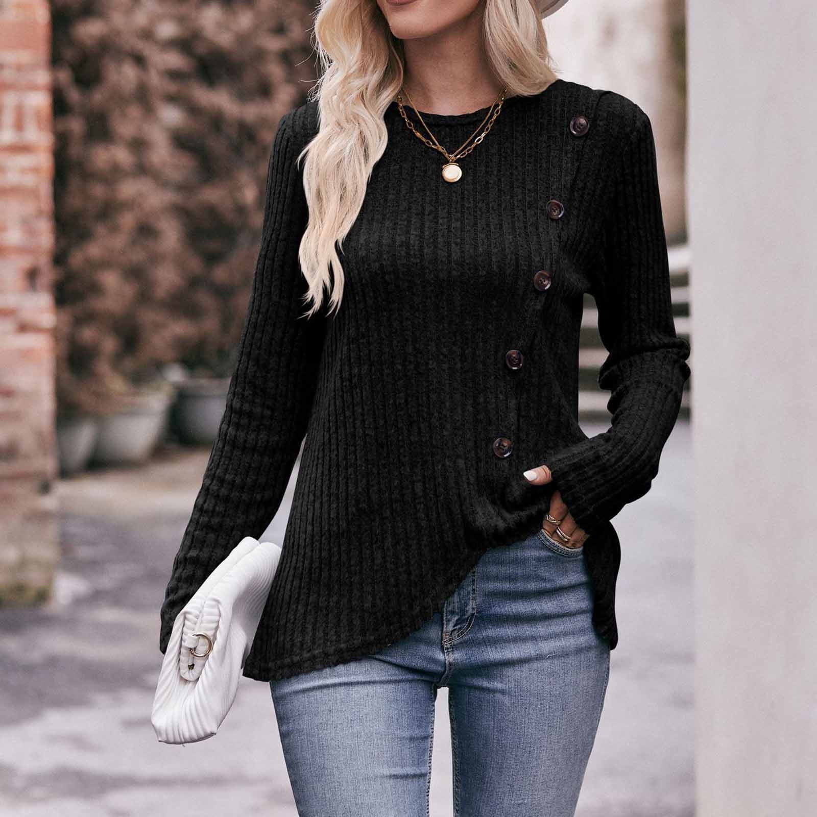 BLTIBY Long Sleeve Shirts for Women Knit Round Neck Button Dressy Solid ...