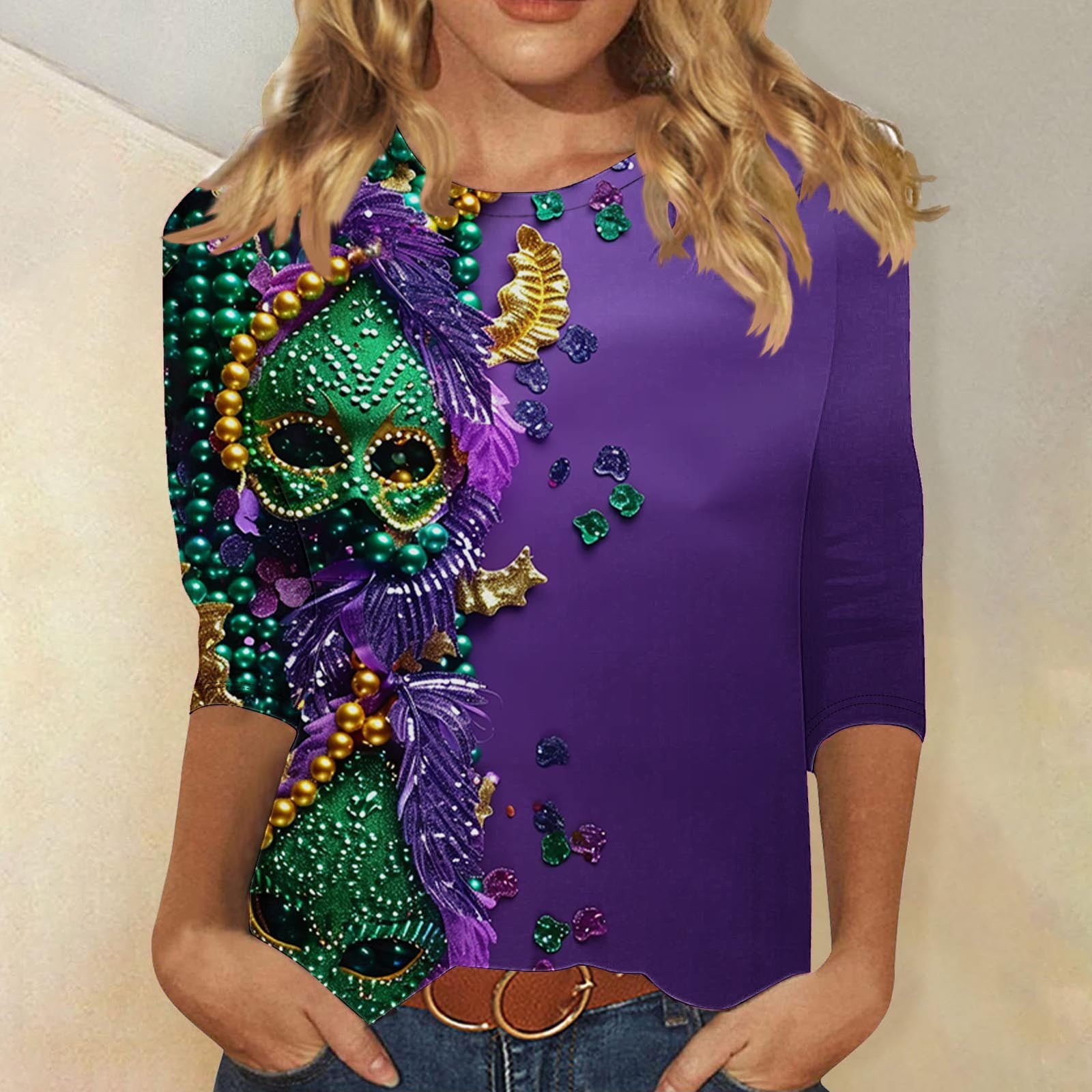 BLTIBY Mardi Gras Shirts for Women 3/4 Sleeve Round Neck Mask Graphic ...