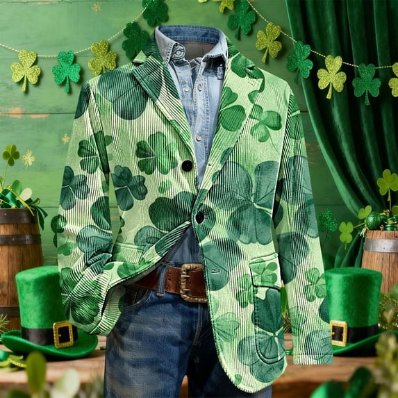 BLTIBY Men's St. Patrick's Day Corduroy Blazer Shamrock Jacket Button ...