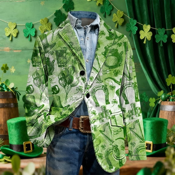 BLTIBY Men's St. Patrick's Day Corduroy Blazer Shamrock Jacket Button ...