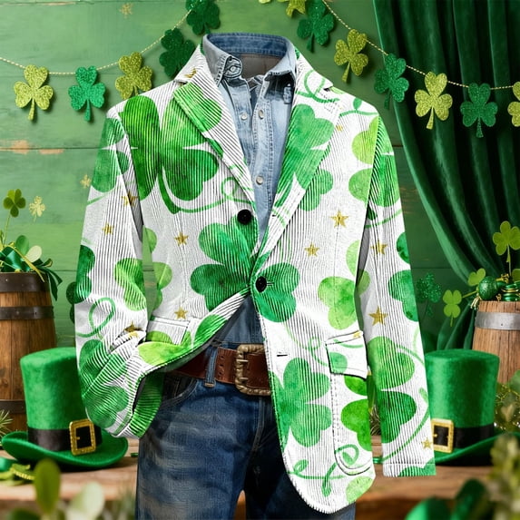 BLTIBY Men's St. Patrick's Day Corduroy Blazer Shamrock Jacket Button ...