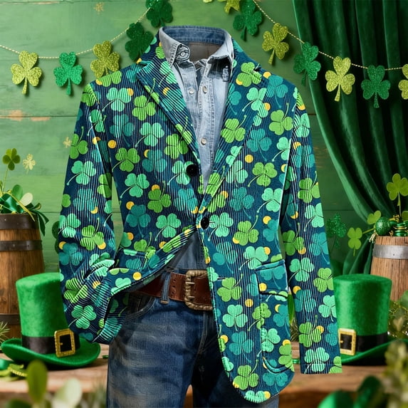 BLTIBY Men's St. Patrick's Day Corduroy Blazer Shamrock Jacket Button ...