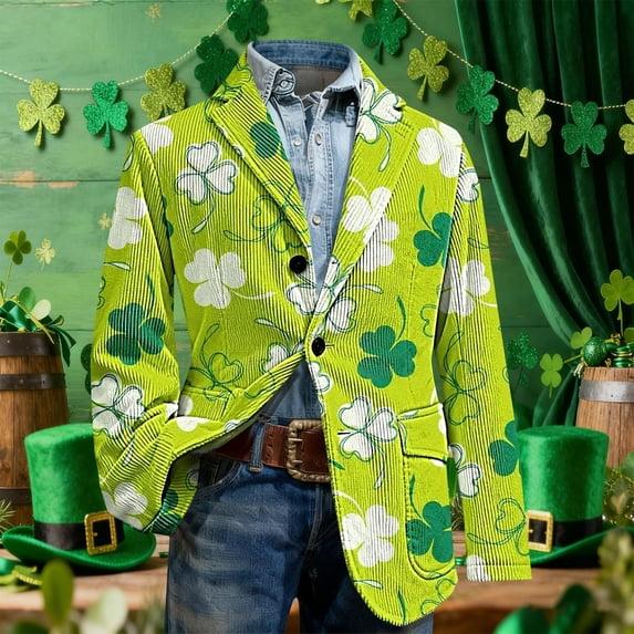 BLTIBY Men's St. Patrick's Day Corduroy Blazer Shamrock Jacket Button ...