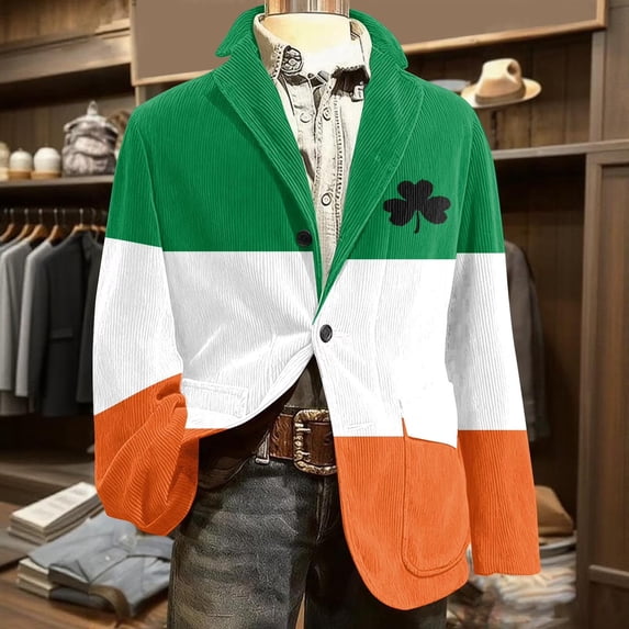 BLTIBY Men's St. Patrick's Day Corduroy Blazer Shamrock Jackets Button ...