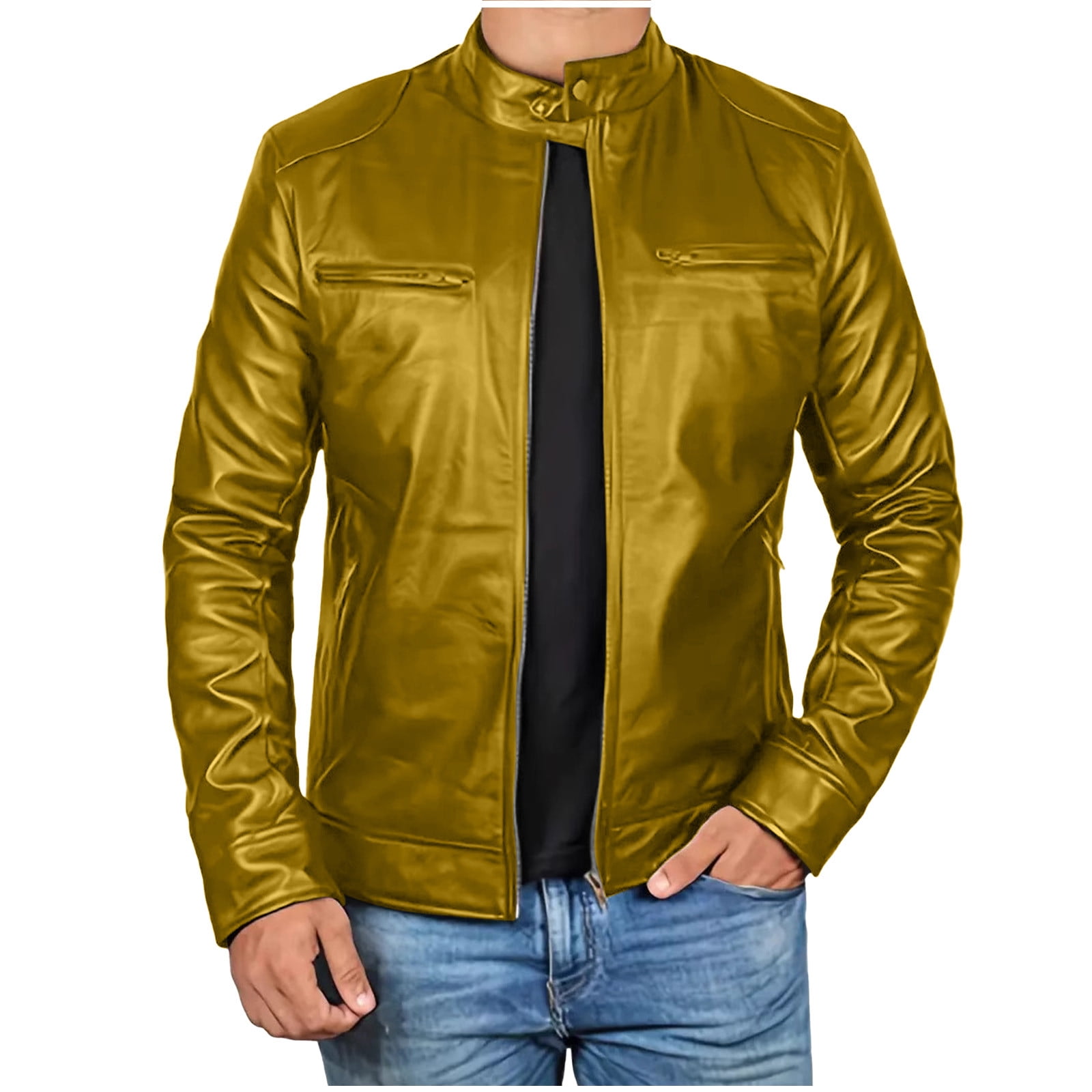 BLTIBY Men's Stand Collar Faux Leather Jacket Casual Zip Up Vintage ...