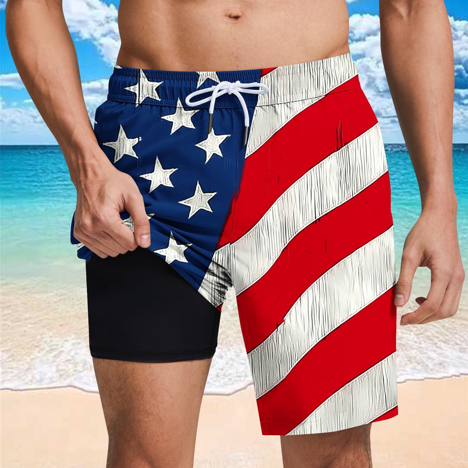 BLTIBY Mens Casual Shorts 2025 Summer Independence Day Printed Elastic Waist Drawstring Beach ...