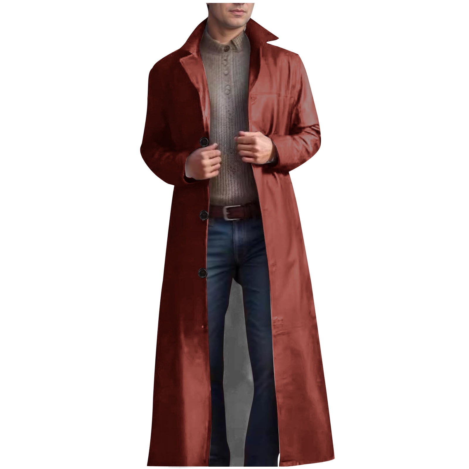 BLTIBY Mens Retro Faux Leather Trench Coat Long Steampunk Lapel Button ...