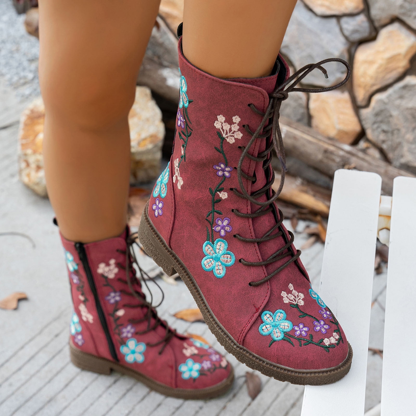 BLTIBY Mid Calf Boots for Women Chunk Heel Lace Up Embroidery Boot ...