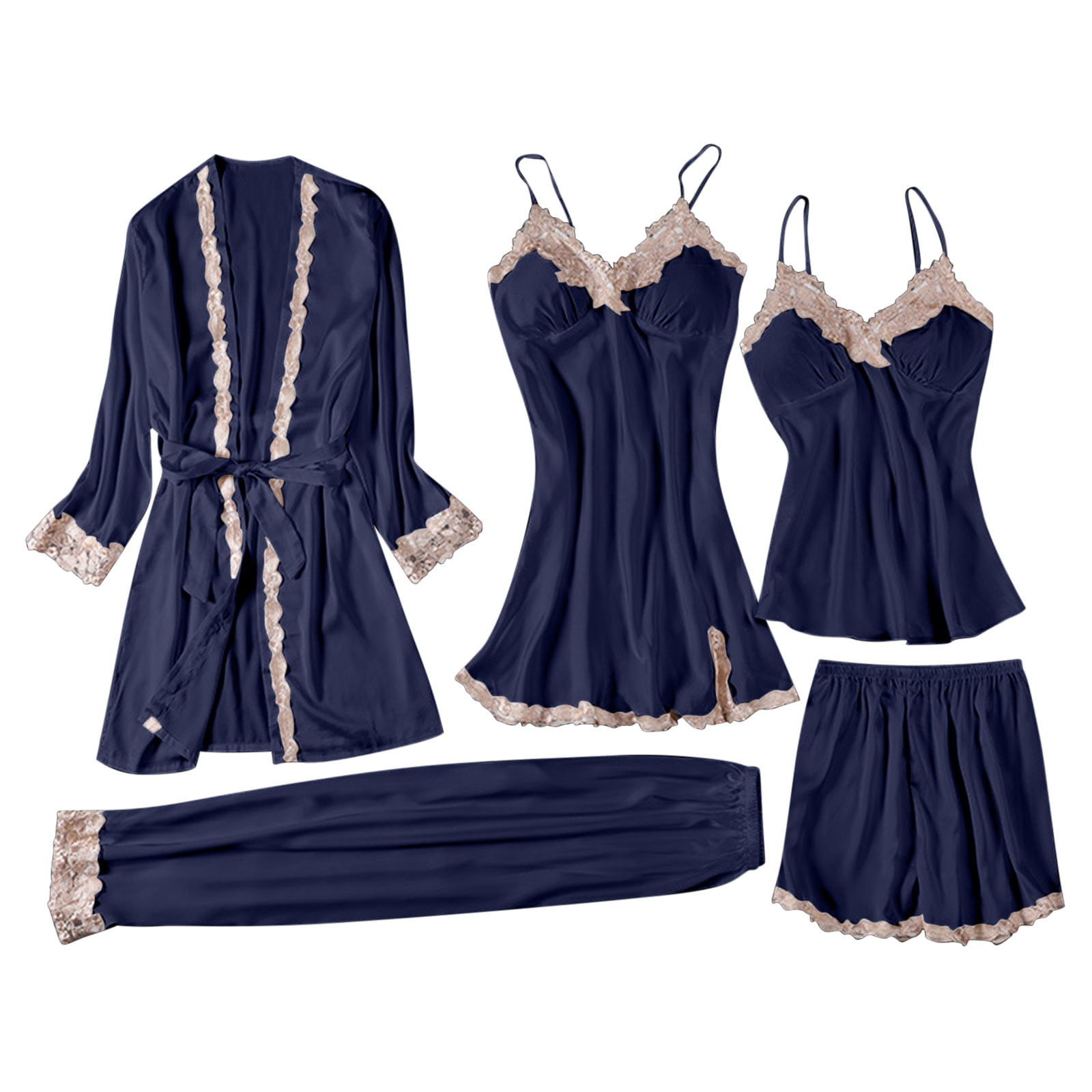 BLTIBY Pajama Set for Women 5 Piece Satin Lace Trim Silk Pjs Lounge ...