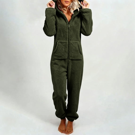 BLTIBY Sherpa Jumpsuit for Women Hoodies Fuzzy Pajamas Long Sleeve ...