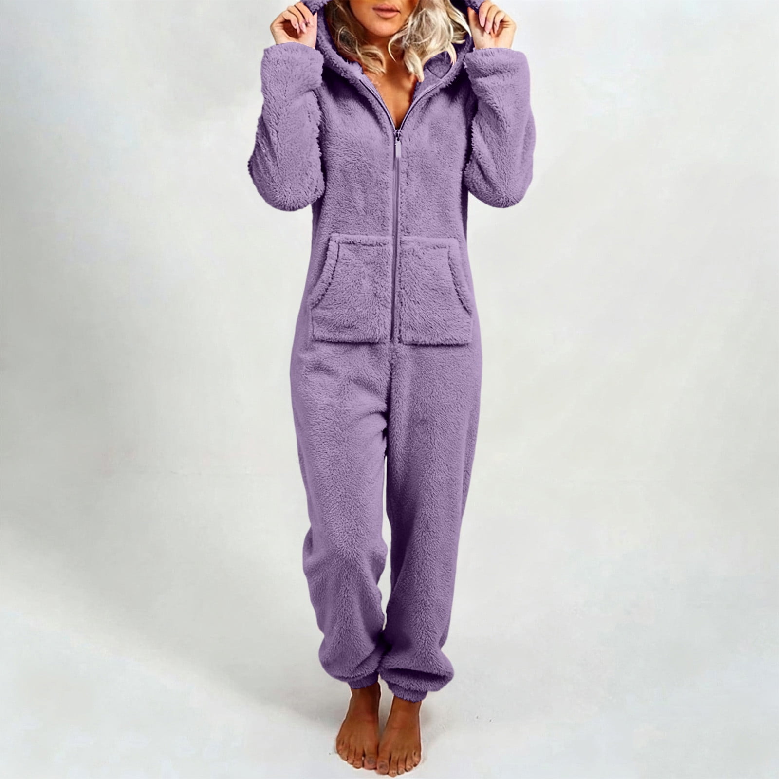 BLTIBY Sherpa Jumpsuit for Women Hoodies Fuzzy Pajamas Long Sleeve ...