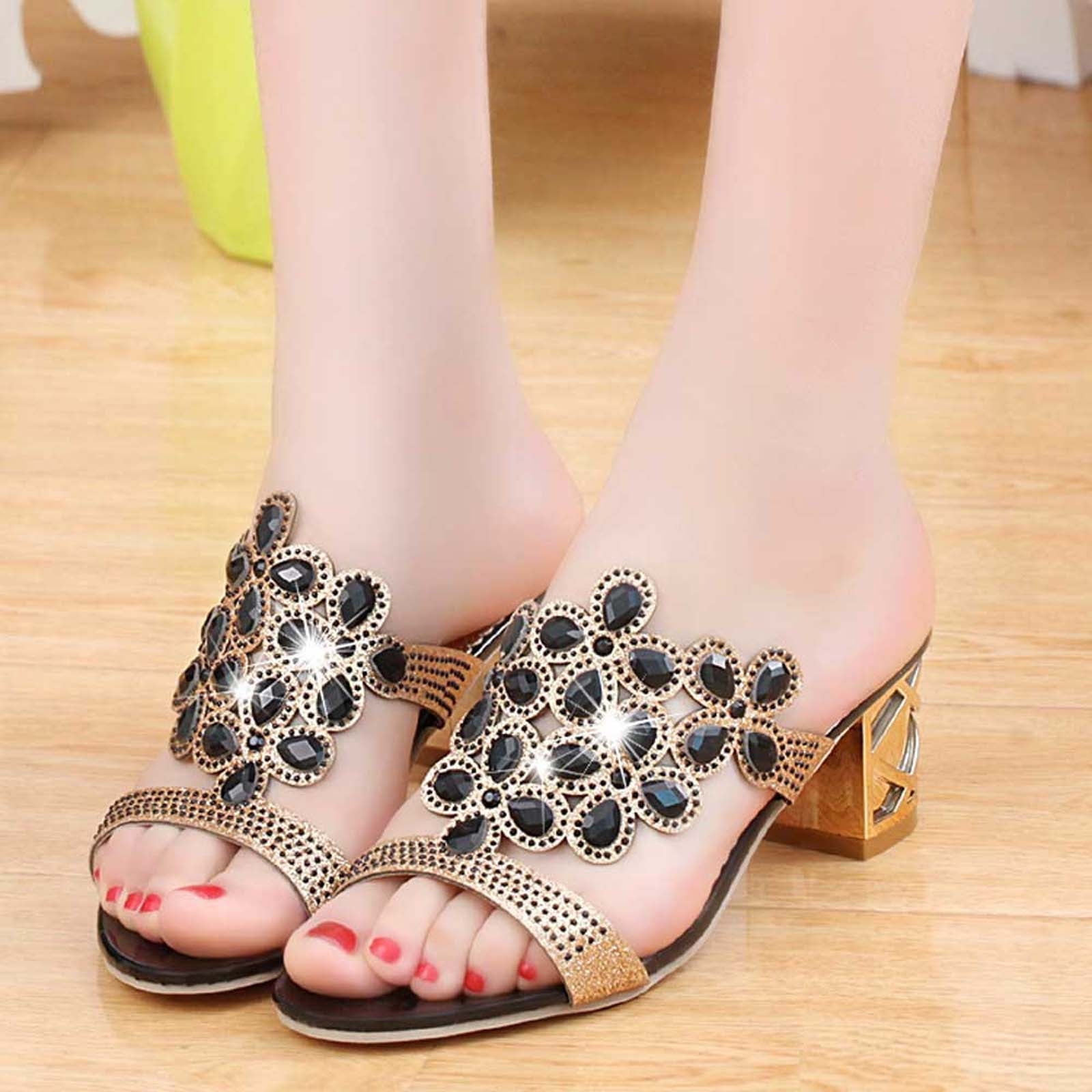 BLTIBY Sparkly Rhinestone Sandals for Women Fashion Open Toe High Heel Pump Slippers Casual ...