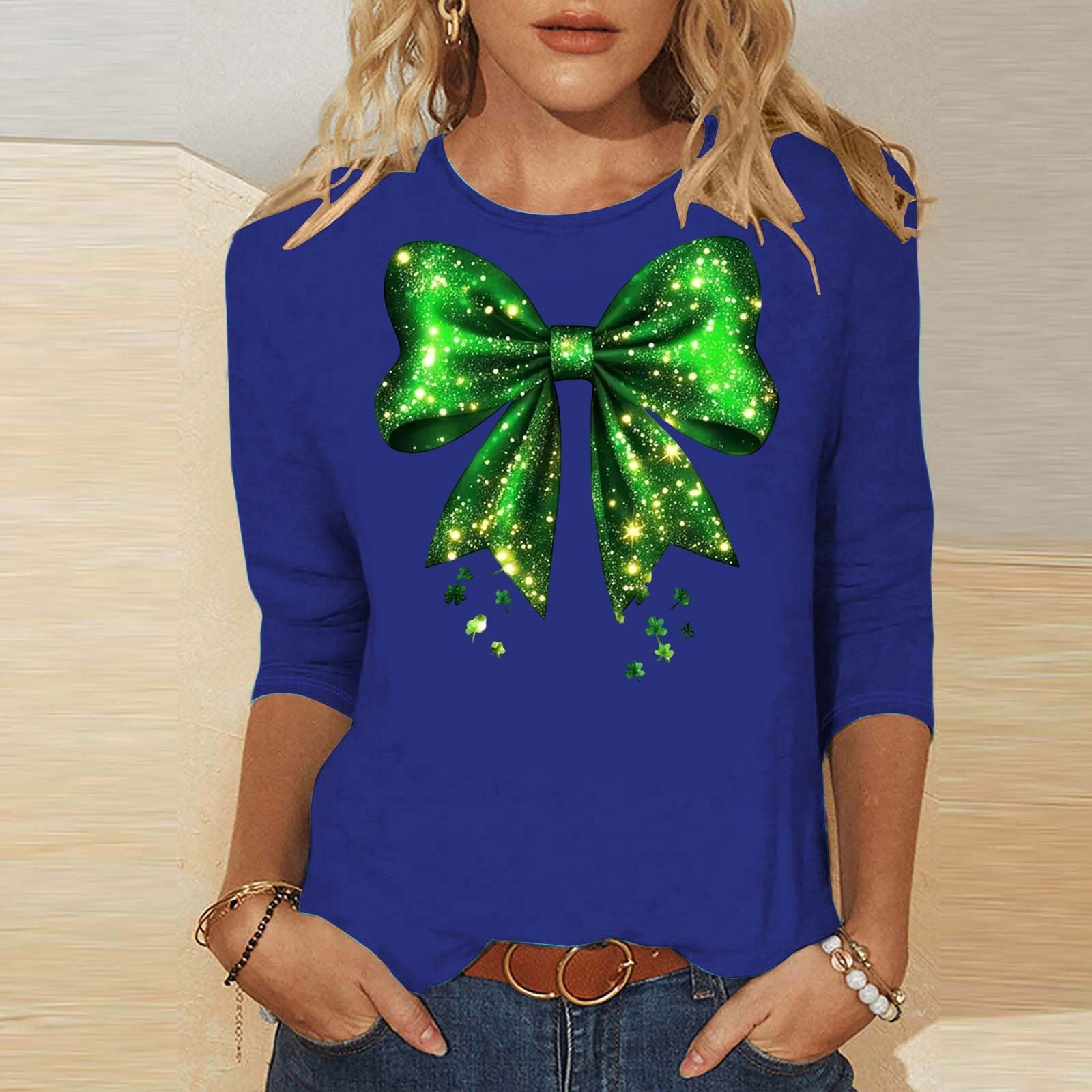 BLTIBY St. Patrick's Day Shirts for Women 3/4 Sleeve Round Neck Shamrock Shirt Clover Print ...