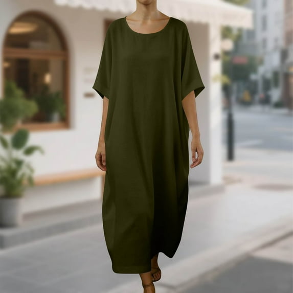 BLTIBY Summer Cotton Linen Dresses for Women Short Sleeve Round Neck ...