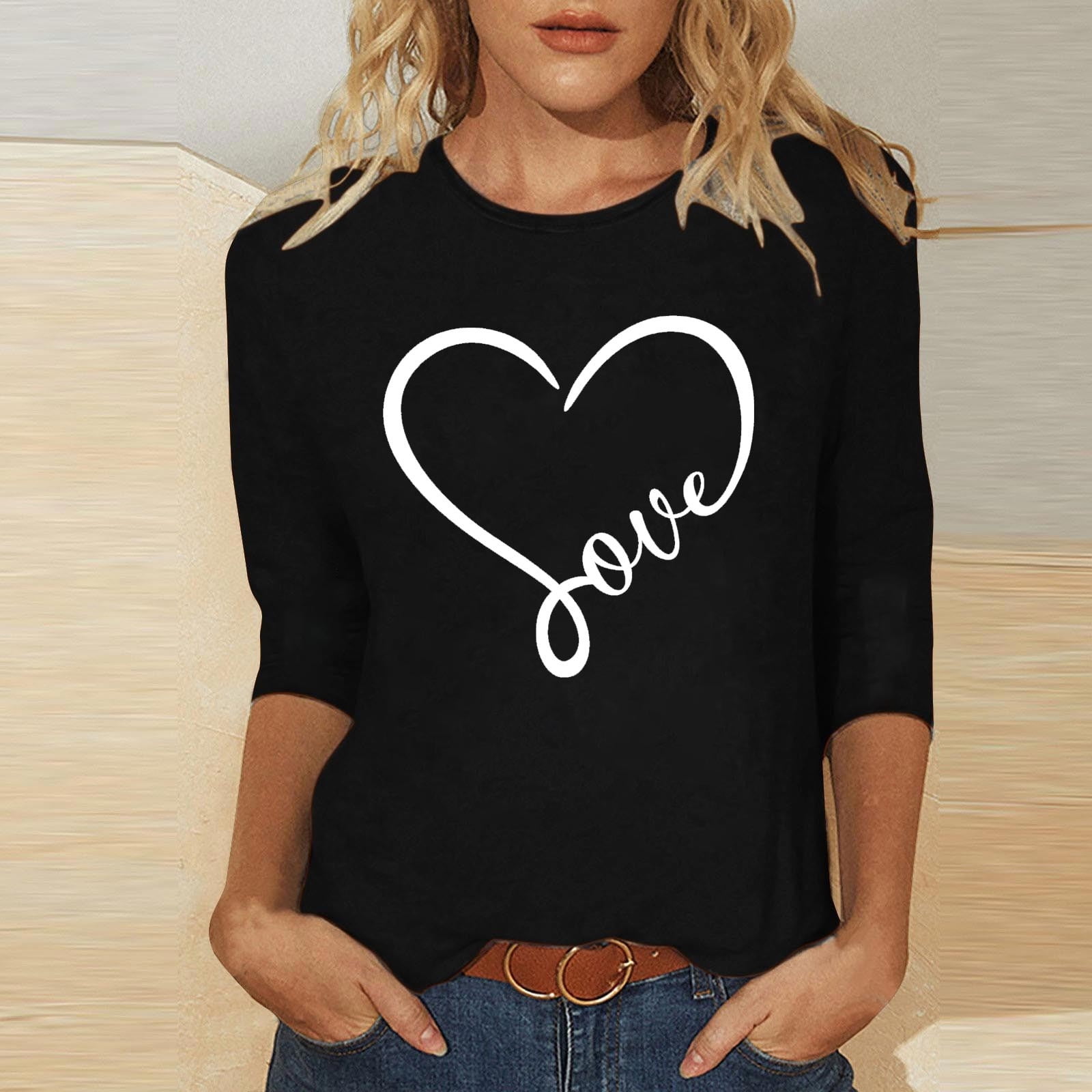 BLTIBY Valentines Day Shirts for Women Love Heart Printed 3/4 Sleeve ...