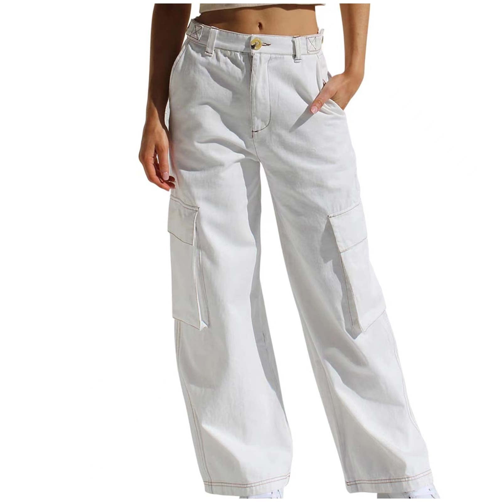 BLTIBY Wide Leg Cargo Jeans for Women Solid Color Stretch High Wasited ...
