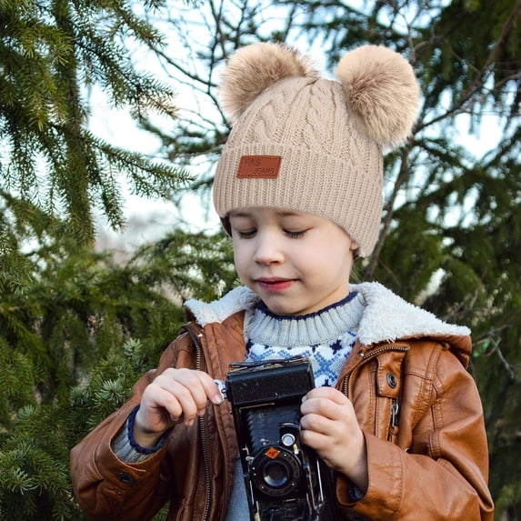 BLTIBY Winter Double Pom Beanie Hats Detachable Fur Ball Cute Cap Warm ...