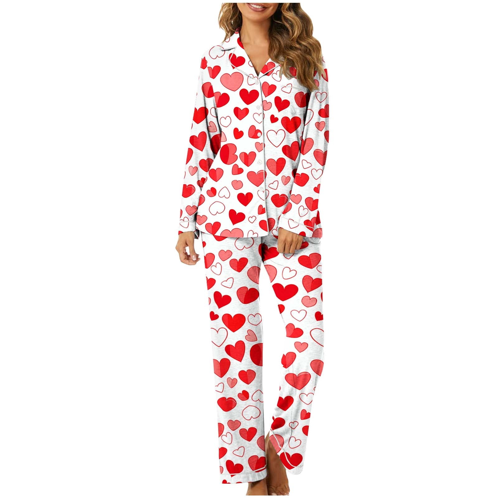 BLTIBY Women 2 Piece Pajama Set Heart Print Long Sleeve Button Down Lapel Shirts Long Pants ...