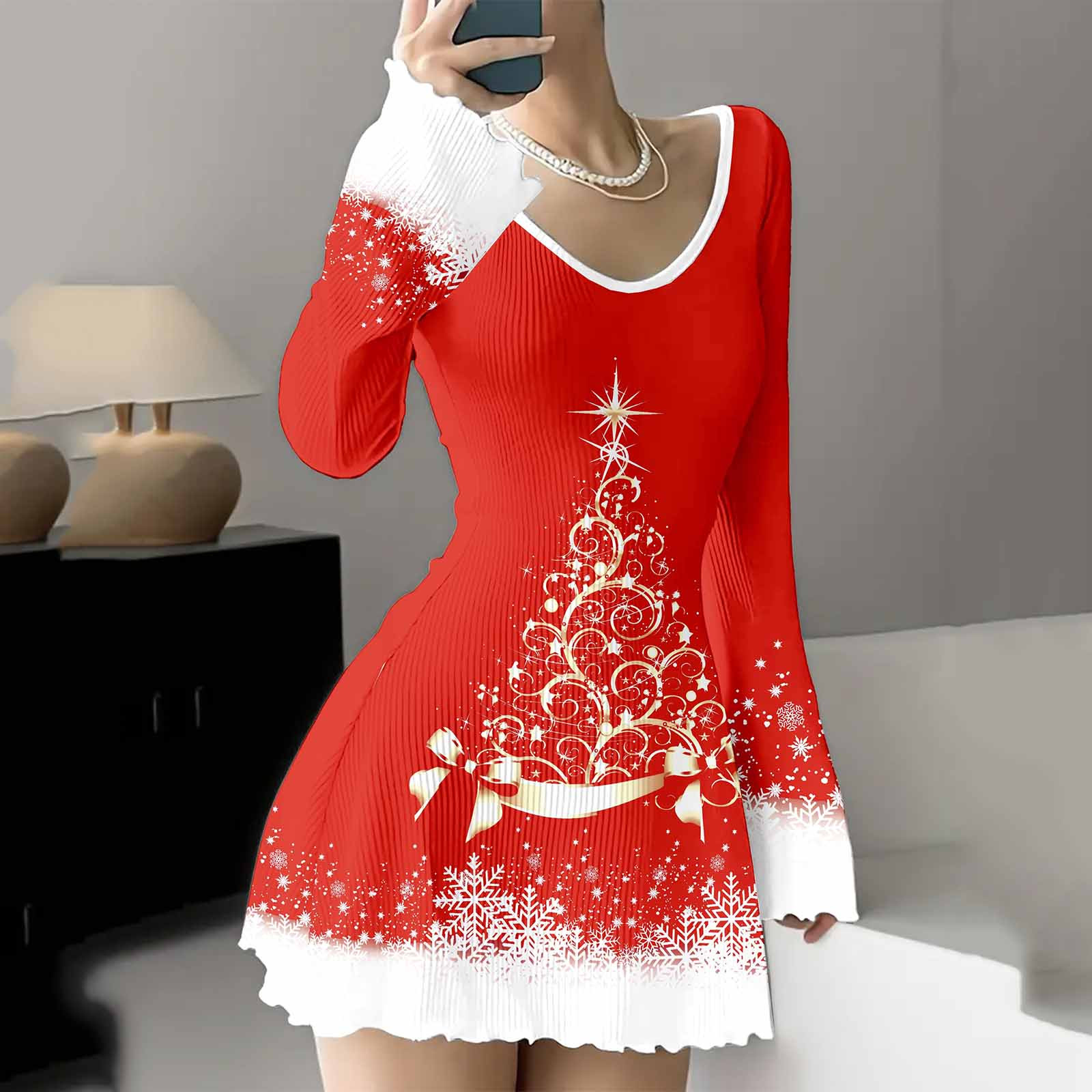 BLTIBY Women Christmas V Neck Dresses Long Sleeve Formal Fall Winter ...