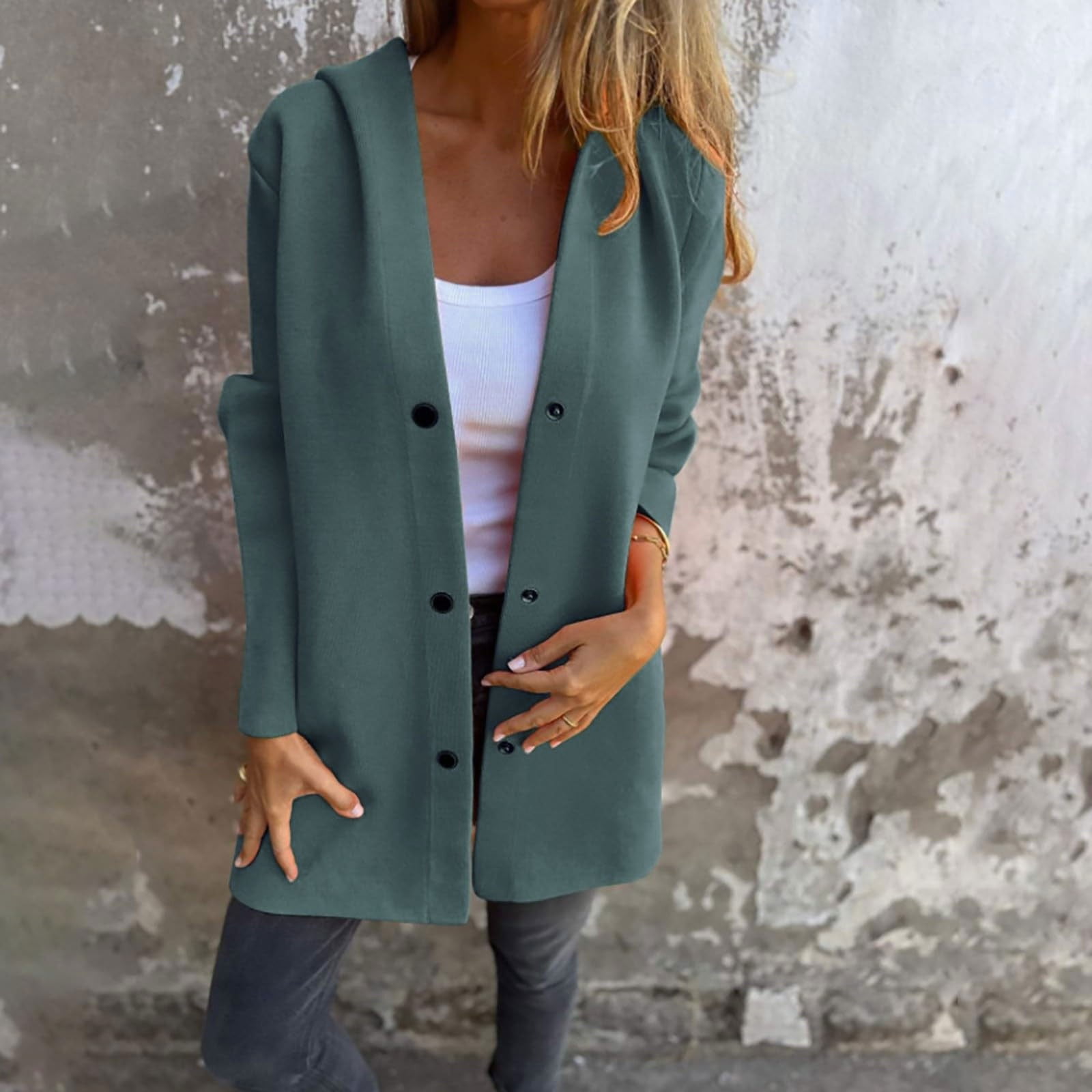 BLTIBY Women Coat Trench Jacket Hooded Fall Winter Solid Color Button ...