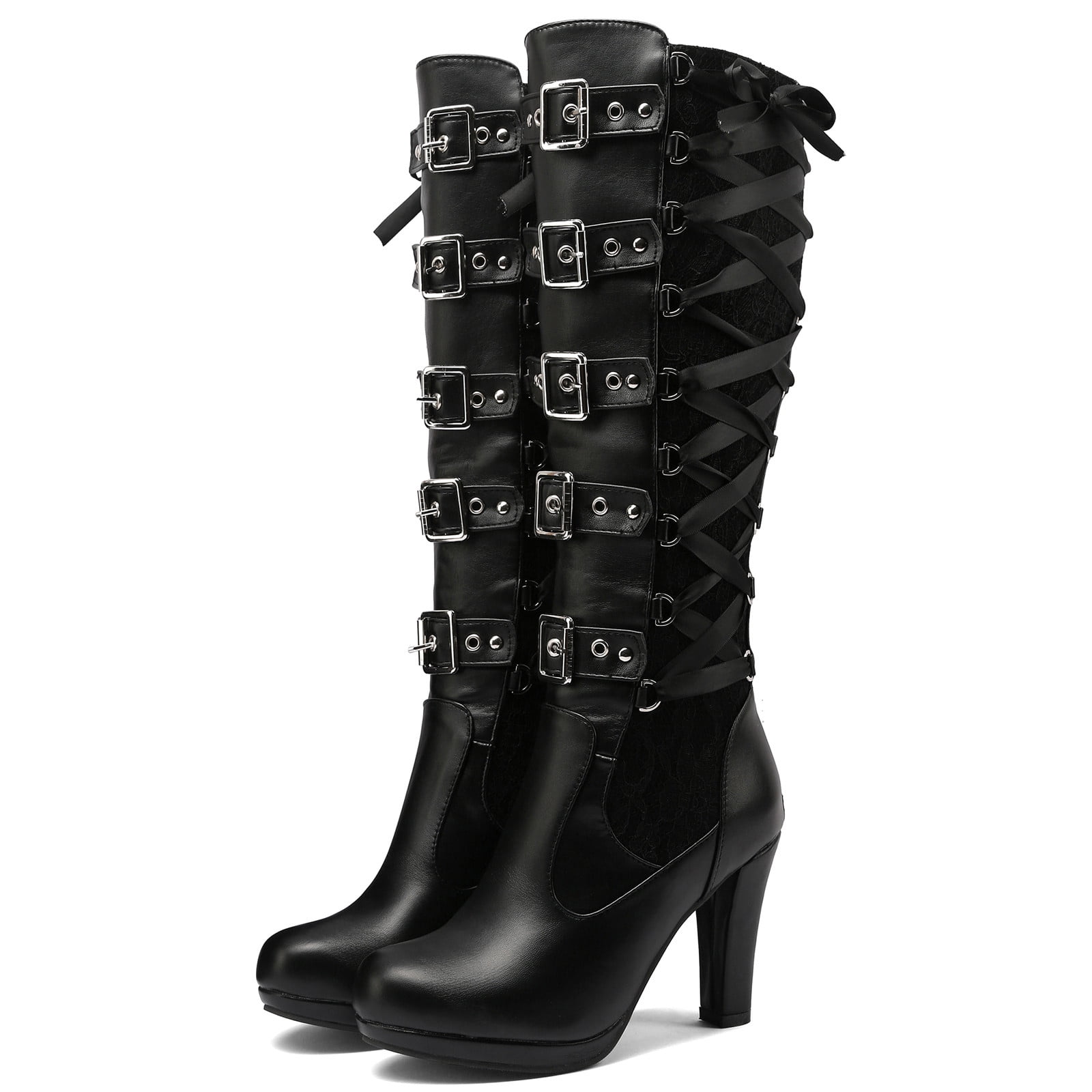 BLTIBY Women Gothic Boot Cosplay Cross Tied Leather Kneeth Platform ...
