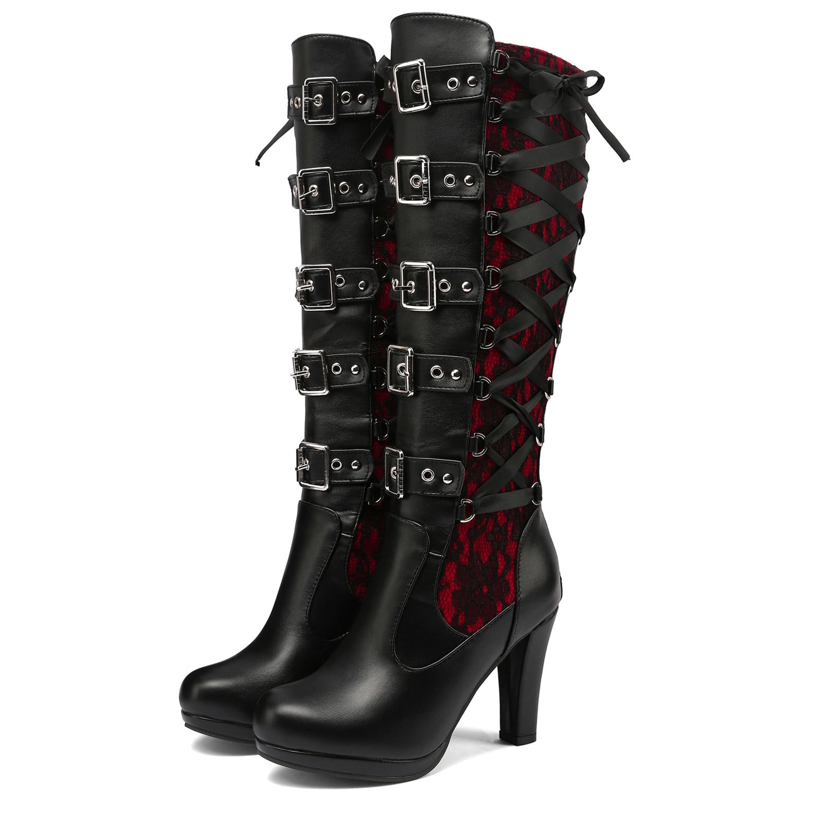 BLTIBY Women Gothic Boot Cosplay Cross Tied Leather Kneeth Platform ...