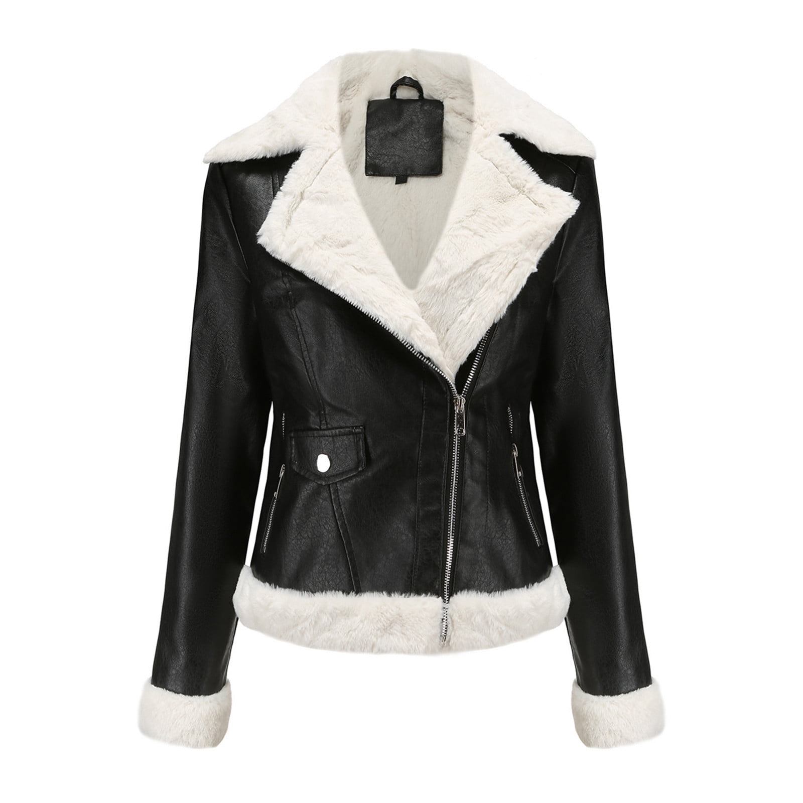 BLTIBY Women Leather Jacket Faux Fur Moto Jackets Thicken Fleece Lined ...