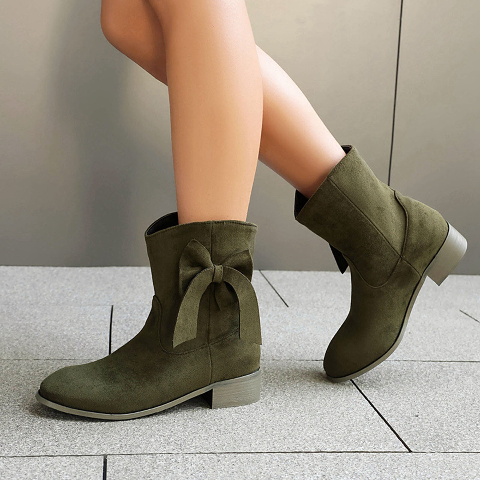 BLTIBY Women Mid Calf Boots Round Toe Chunk Flock Bow Decoration Boot ...