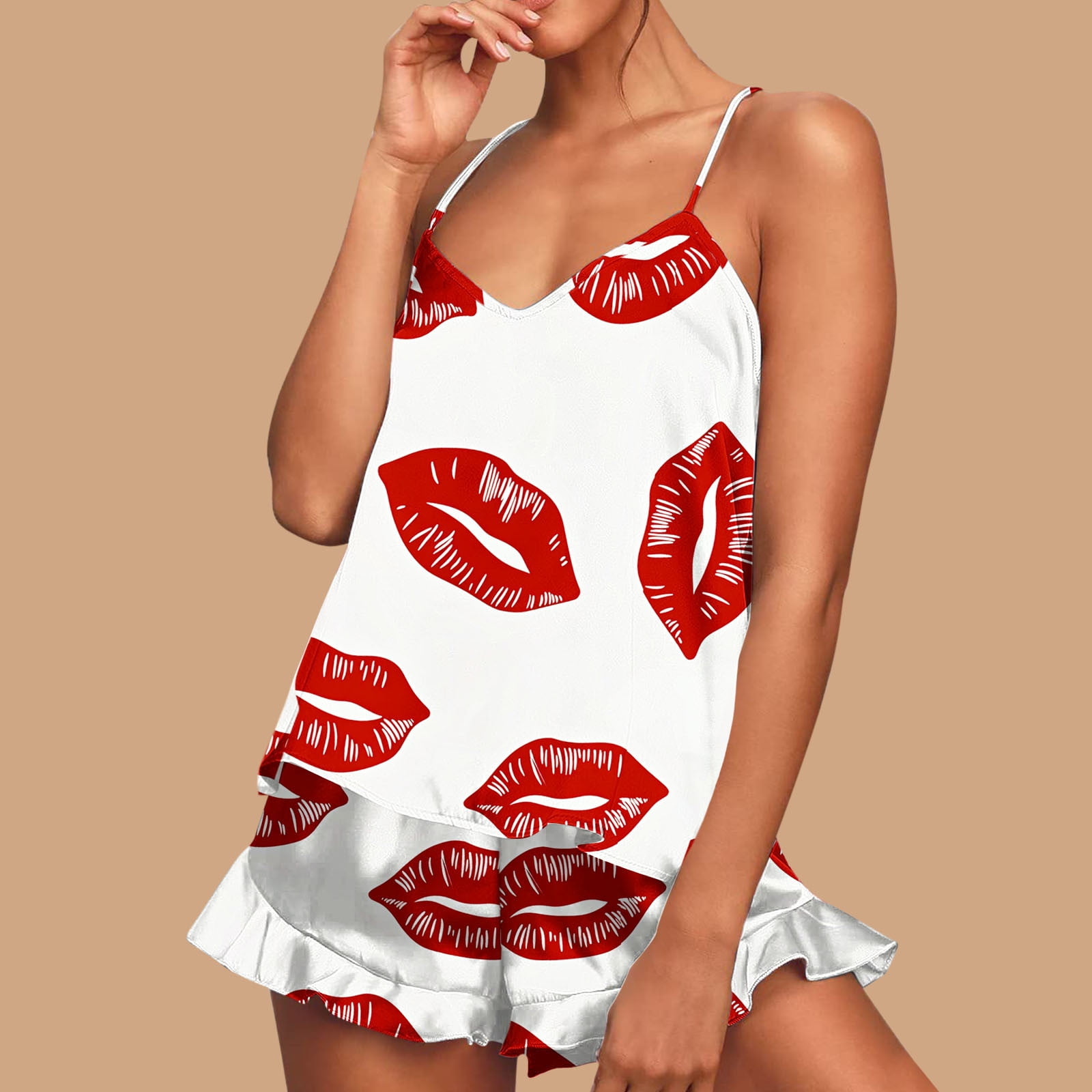 BLTIBY Women Nightgown Sets Printed V Neck Adjustable Spaghetti Strap ...