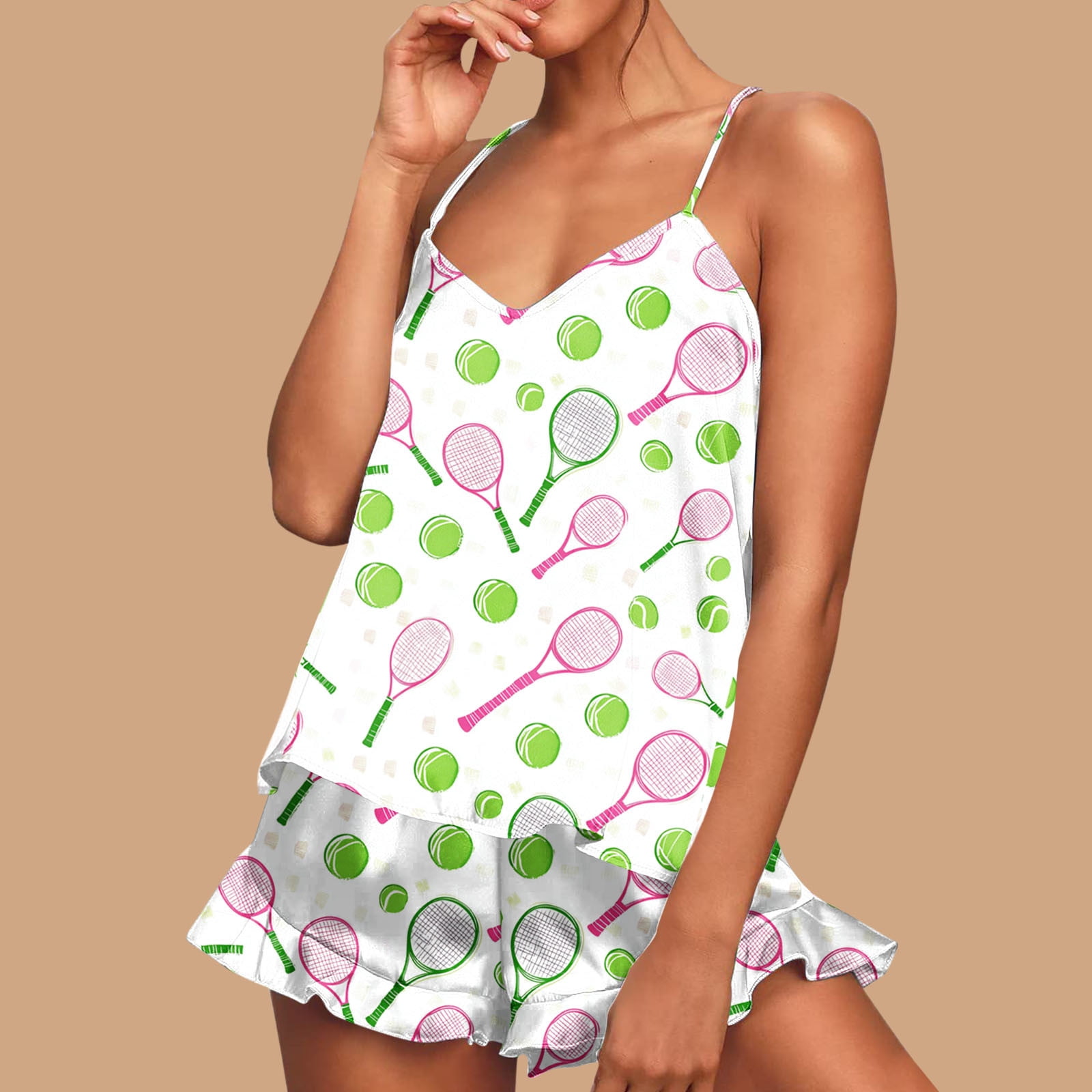 BLTIBY Women Nightgown Sets Printed V Neck Adjustable Spaghetti Strap ...