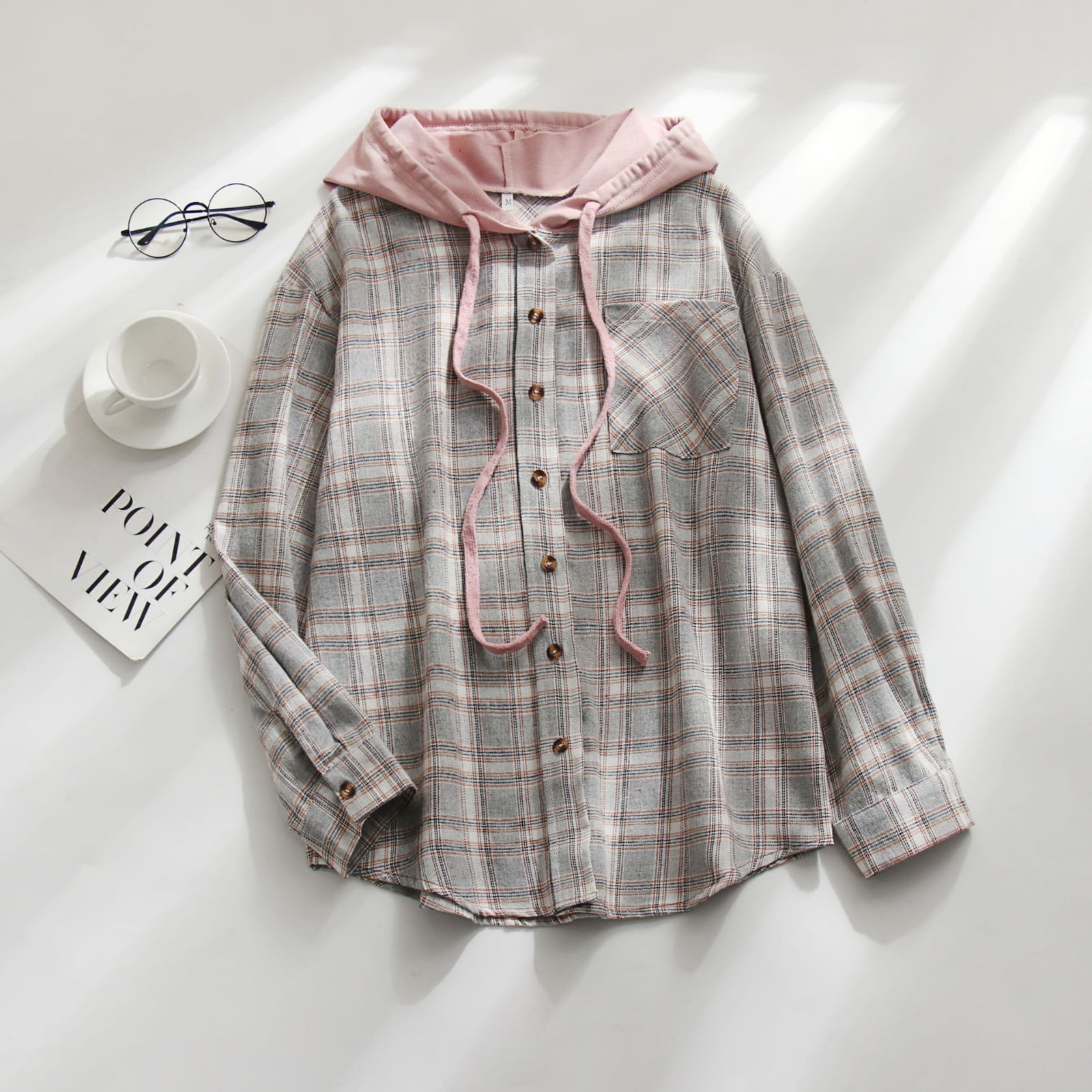 BLTIBY Women Plaid Hooded Shirt Fall Drawstring Sweatshirt Hoodie ...