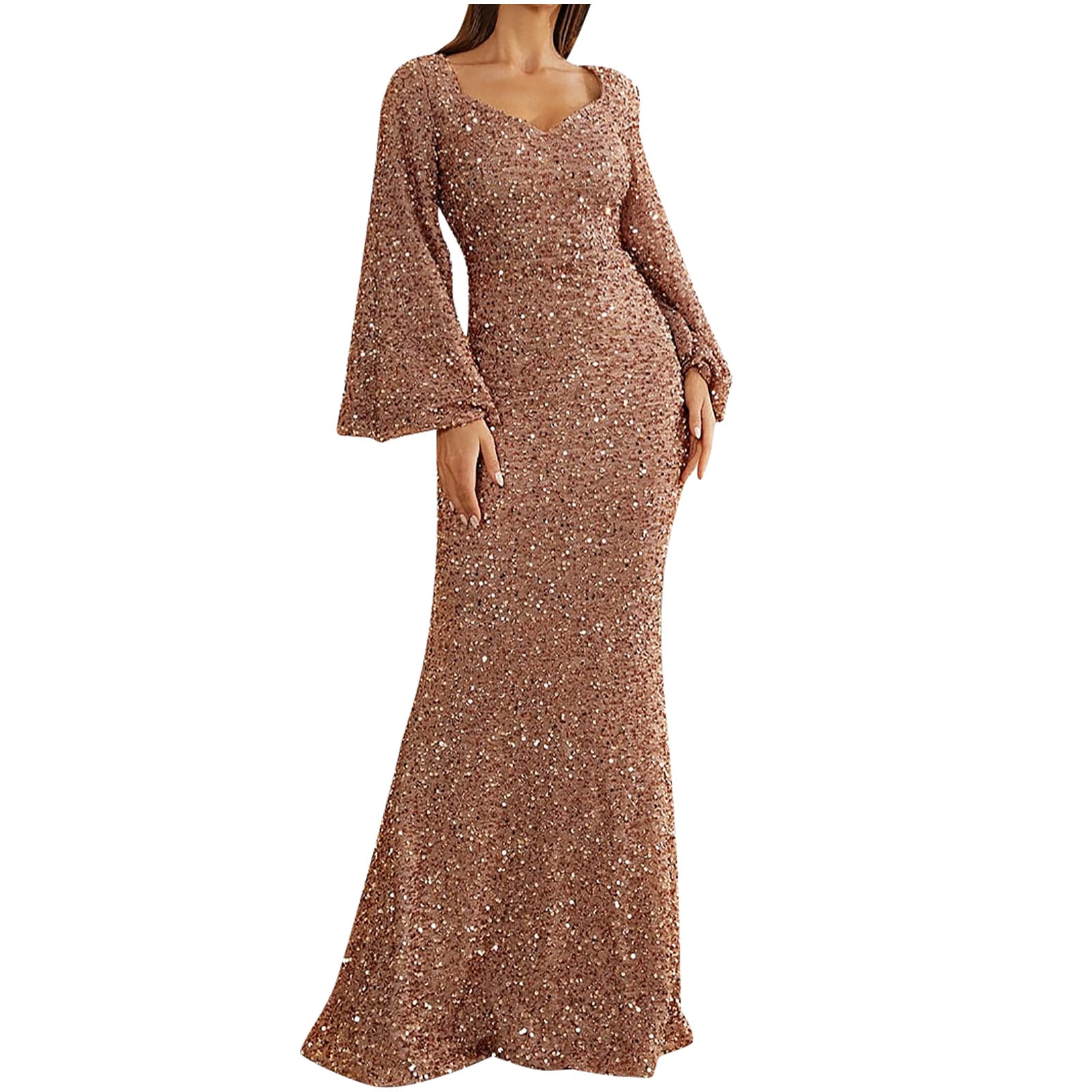 BLTIBY Women Sequin Evening Dress Hip Wrap V-Neck Ruched Waist Long ...