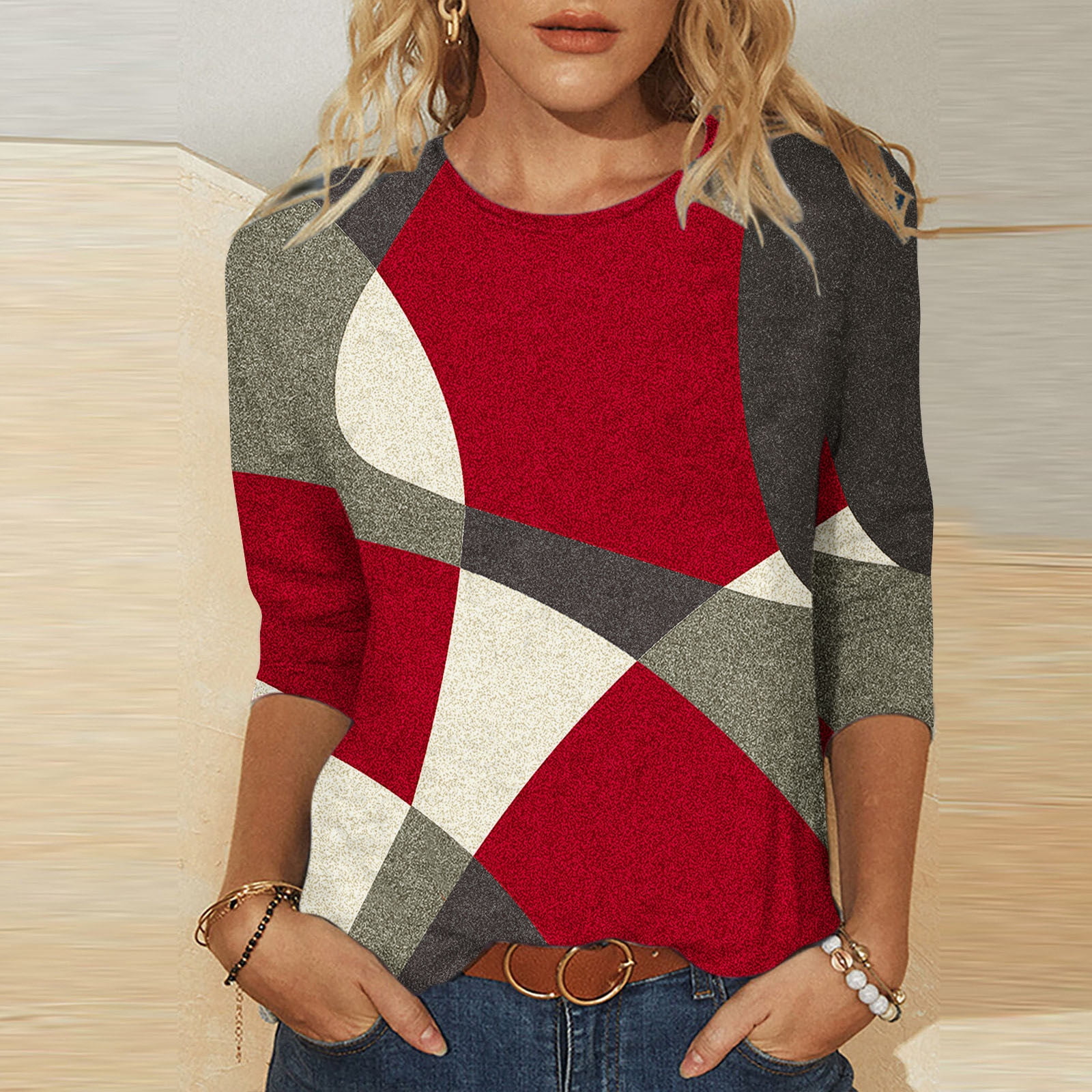 Bltiby Women Top 3 4 Sleeve Shirts Round Neck Printed Casual Loose