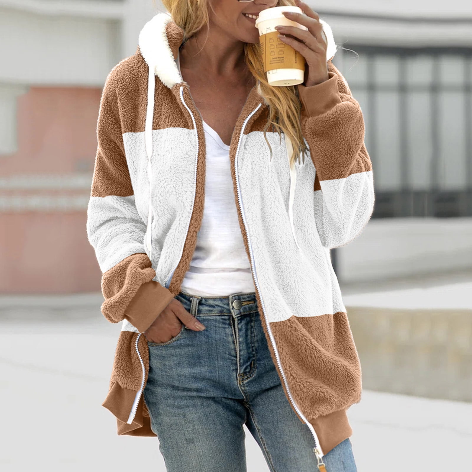 BLTIBY Women Winter Fleece Jackets Hooded Solid Color Winter Fall Zip ...