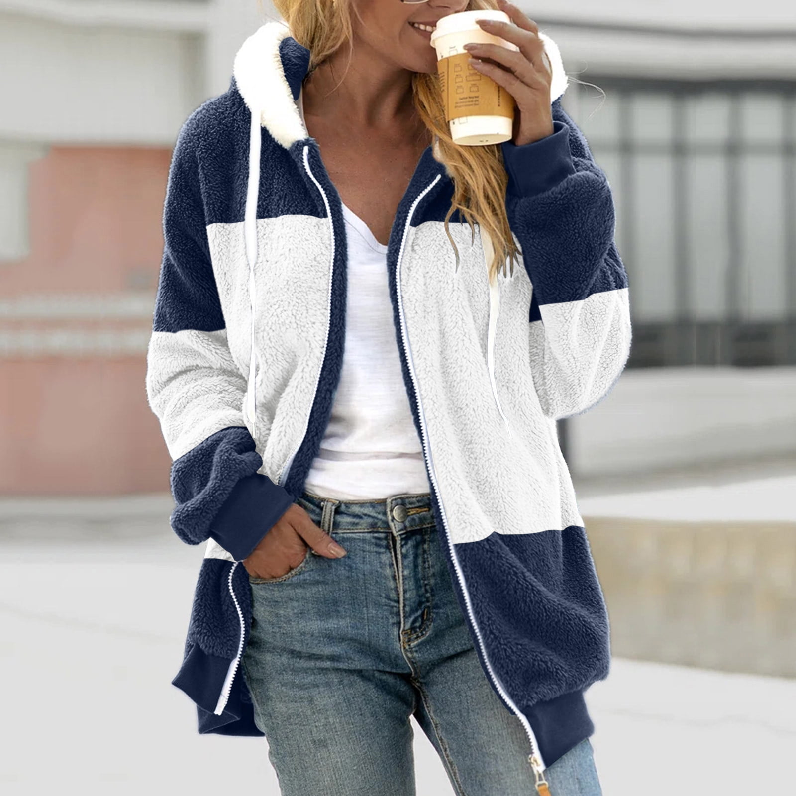 BLTIBY Women Winter Fleece Jackets Hooded Solid Color Winter Fall Zip ...
