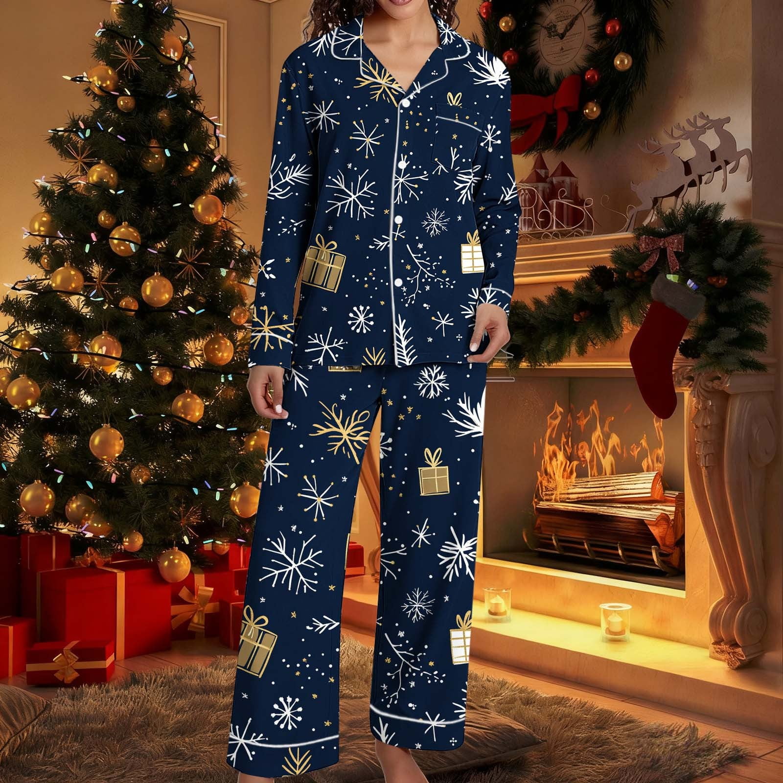 BLTIBY Women's 2 Piece Christmas Pajamas Set Button Lapel Xmas Graphic ...