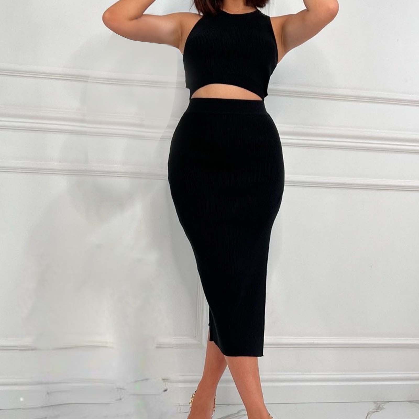 BLTIBY Women's 2 Piece Summer Outfits 2025 Sleeveless Ruched Tank Top Bodycon Slit Ribbed Maxi ...