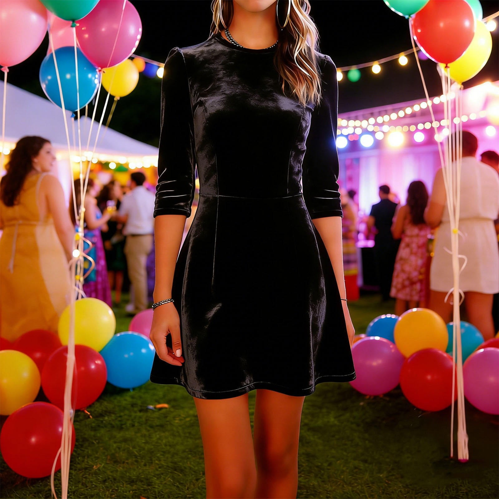 BLTIBY Women's 3/4 Sleeve Velvet Dress Elegant Crewneck Pleated A Line ...