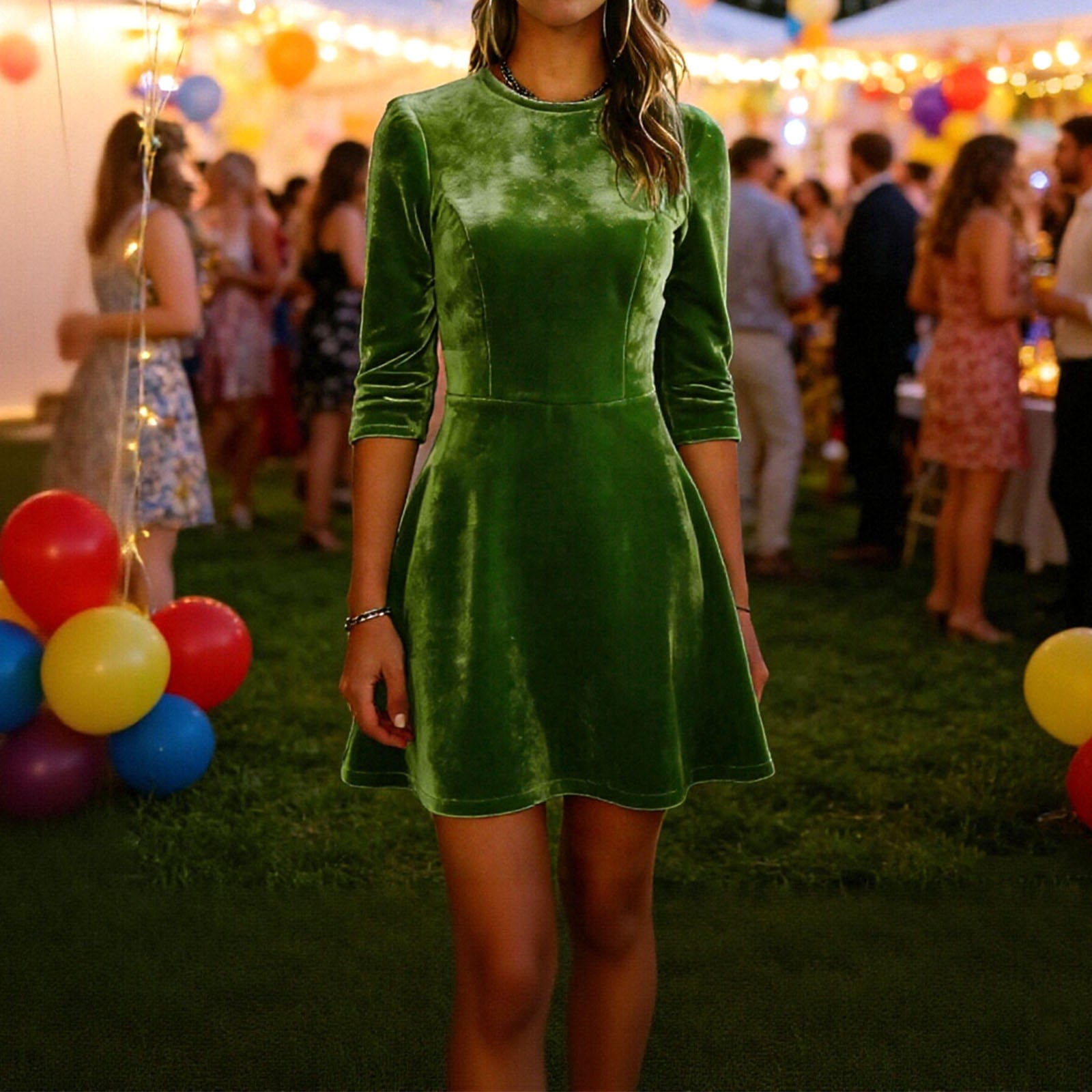 BLTIBY Women's 3/4 Sleeve Velvet Dress Elegant Crewneck Pleated A Line ...