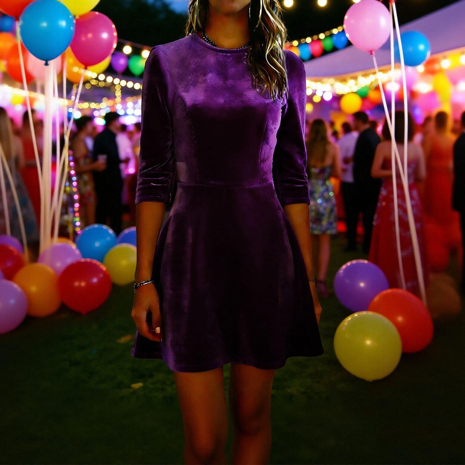 BLTIBY Women's 3/4 Sleeve Velvet Dress Elegant Crewneck Pleated A Line ...