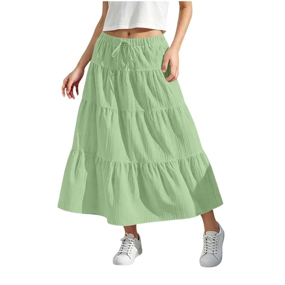 BLTIBY Women's Boho Flowy White Maxi Skirt Flared Ruffle Elastic Waist ...