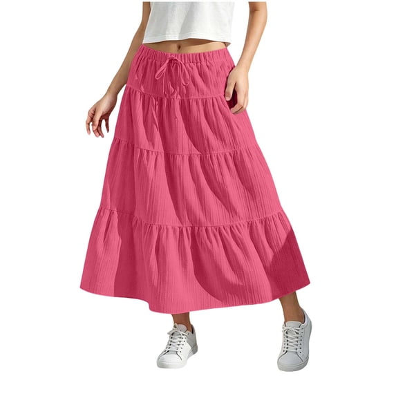 BLTIBY Women's Boho Flowy White Maxi Skirt Flared Ruffle Elastic Waist ...