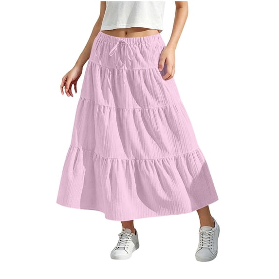 BLTIBY Women's Boho Flowy White Maxi Skirt Flared Ruffle Elastic Waist ...