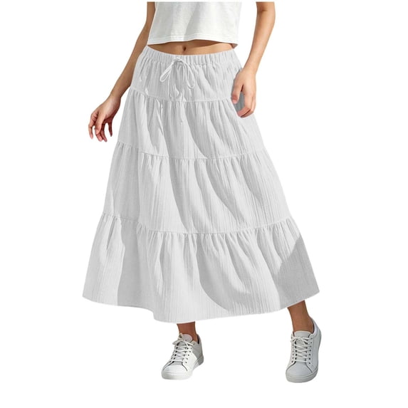 BLTIBY Women's Boho Flowy White Maxi Skirt Flared Ruffle Elastic Waist ...