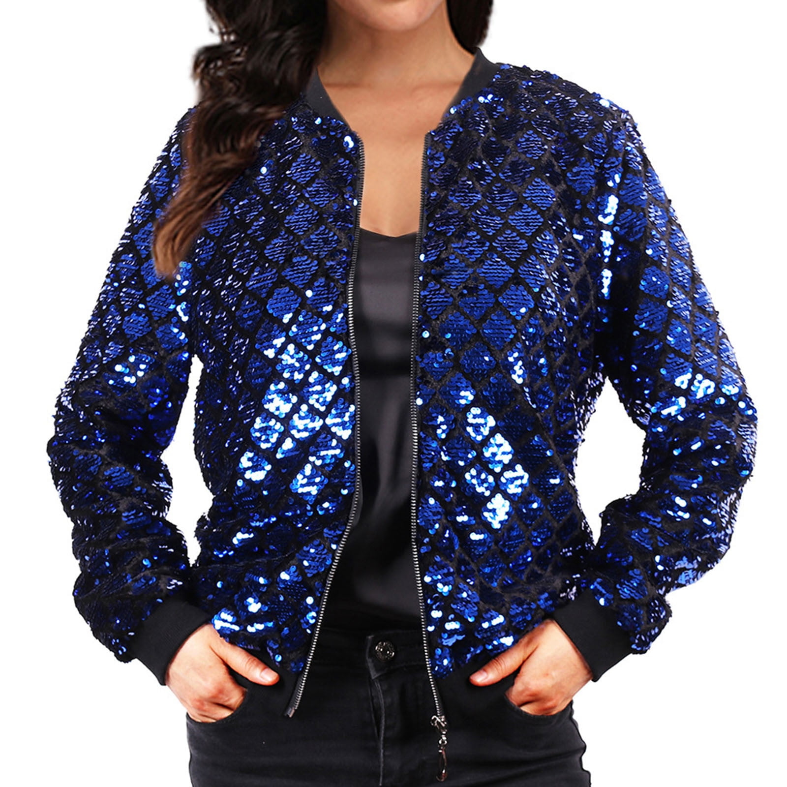 BLTIBY Women's Bomber Jacket Fall Spring Printed Casual Zipper Shiny Glitter Sparkly Sequin ...