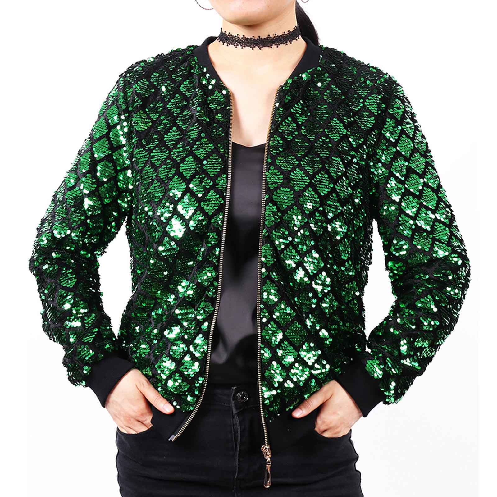 BLTIBY Women's Bomber Jacket Fall Spring Printed Casual Zipper Shiny ...