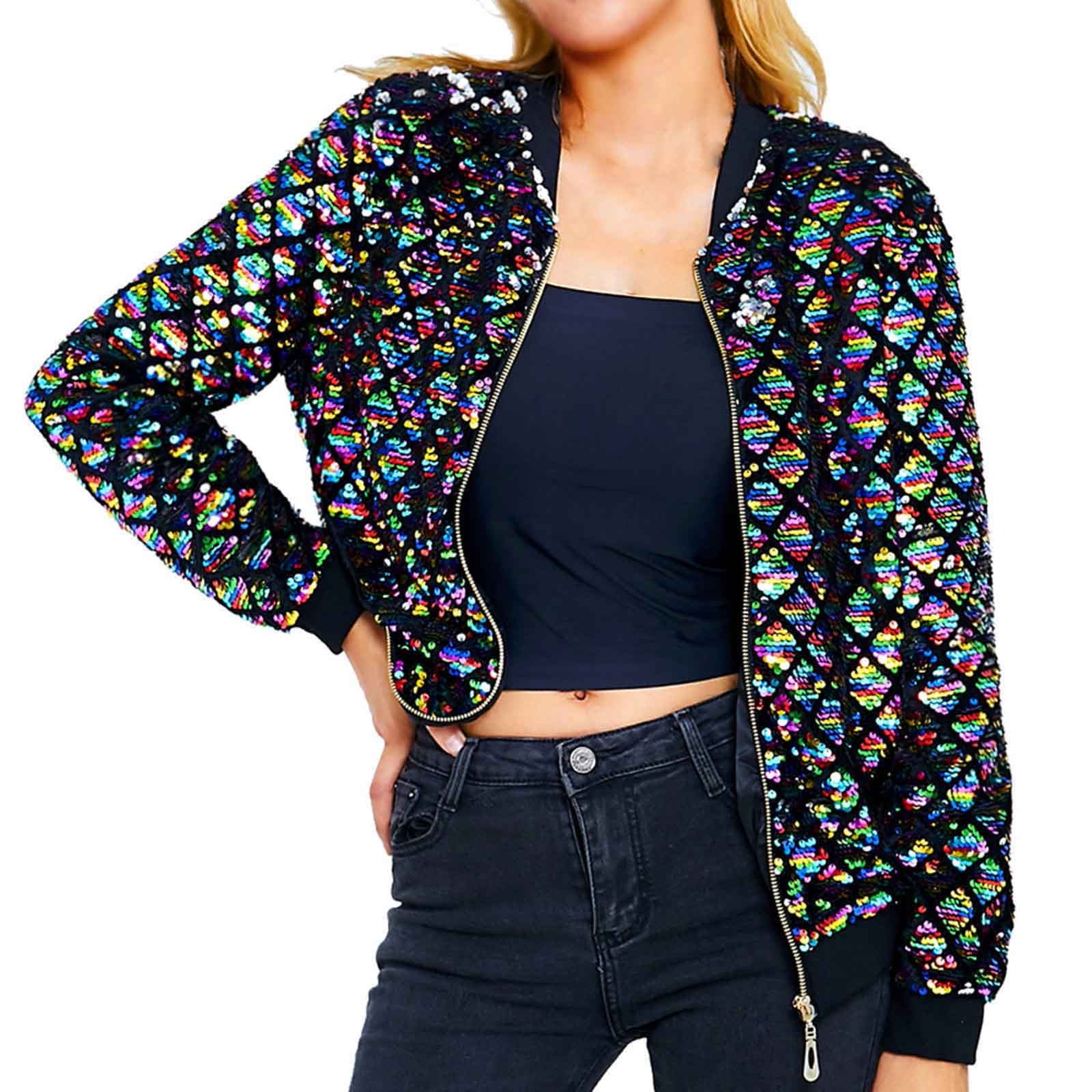 BLTIBY Women's Bomber Jacket Fall Spring Printed Casual Zipper Shiny Glitter Sparkly Sequin ...