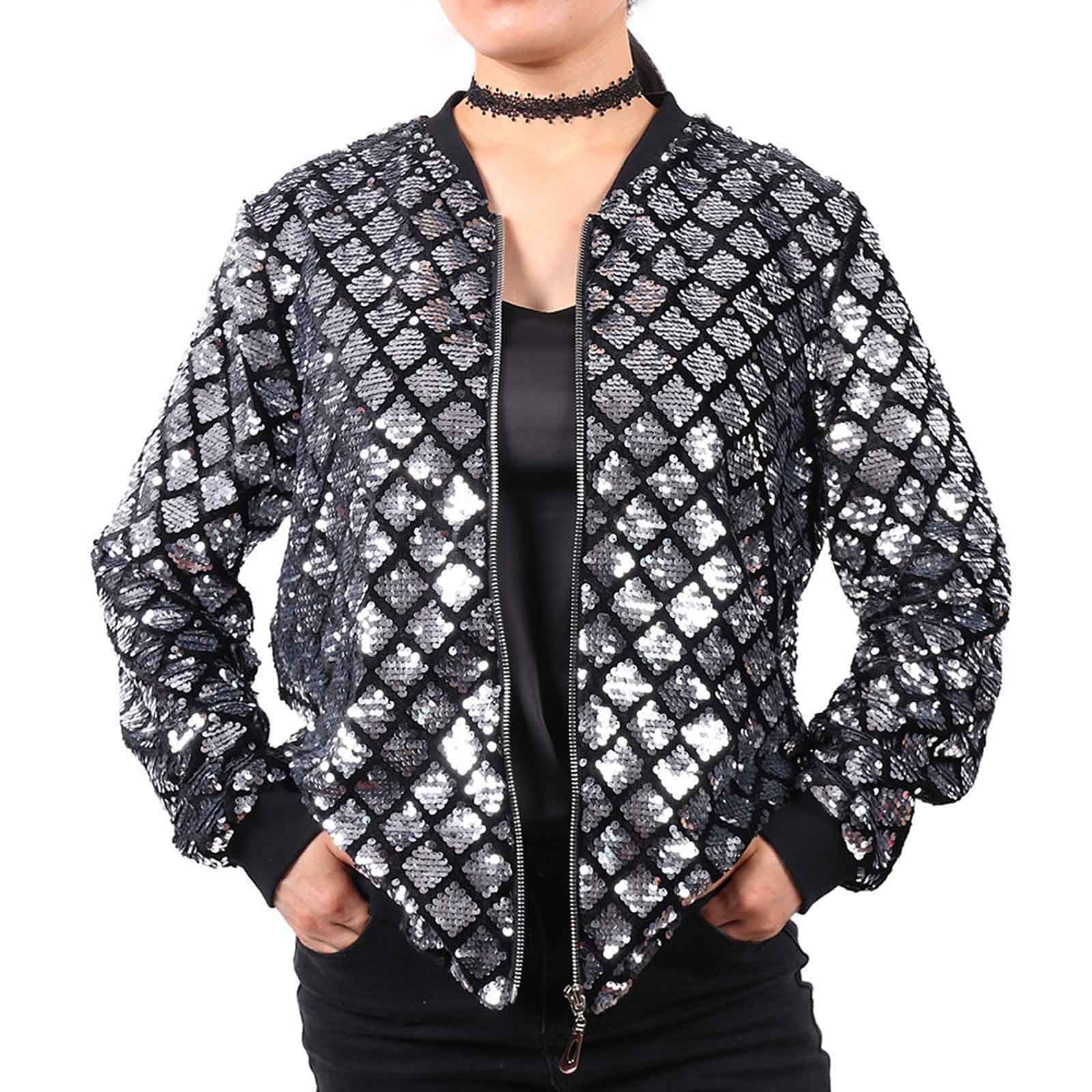 BLTIBY Women's Bomber Jacket Fall Spring Printed Casual Zipper Shiny Glitter Sparkly Sequin ...