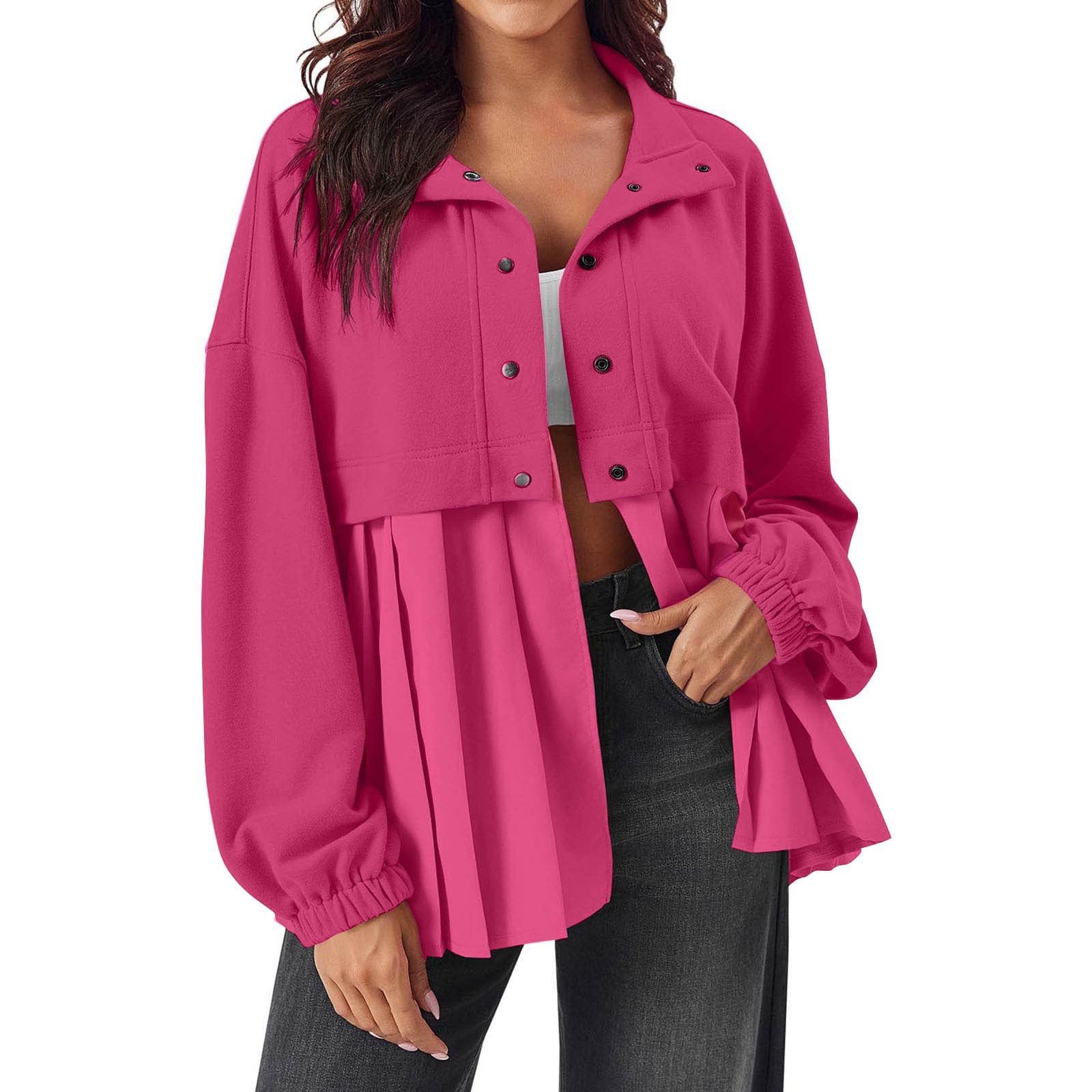 BLTIBY Women's Button Down Jackets Peplum Shacket Ruffle Hem Jacket ...